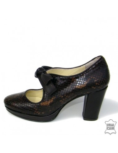 Derbies à talons pour femme en petite pointure, cuir effet croco brun